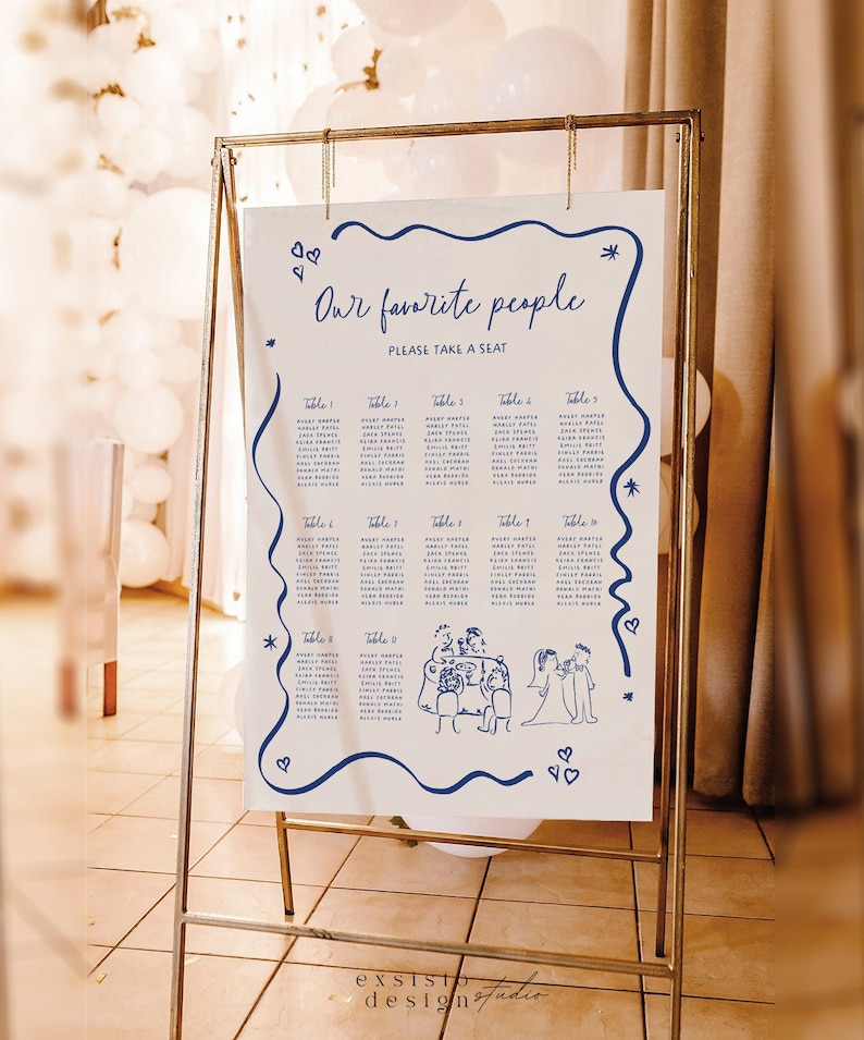Seating Chart Template With Hand Drawn Couple and Dinner Table ...