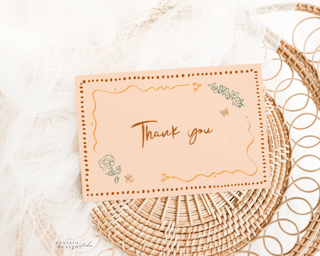 Thank You Card Template With Hand Drawn Floral Illustrations, Whimsical ...