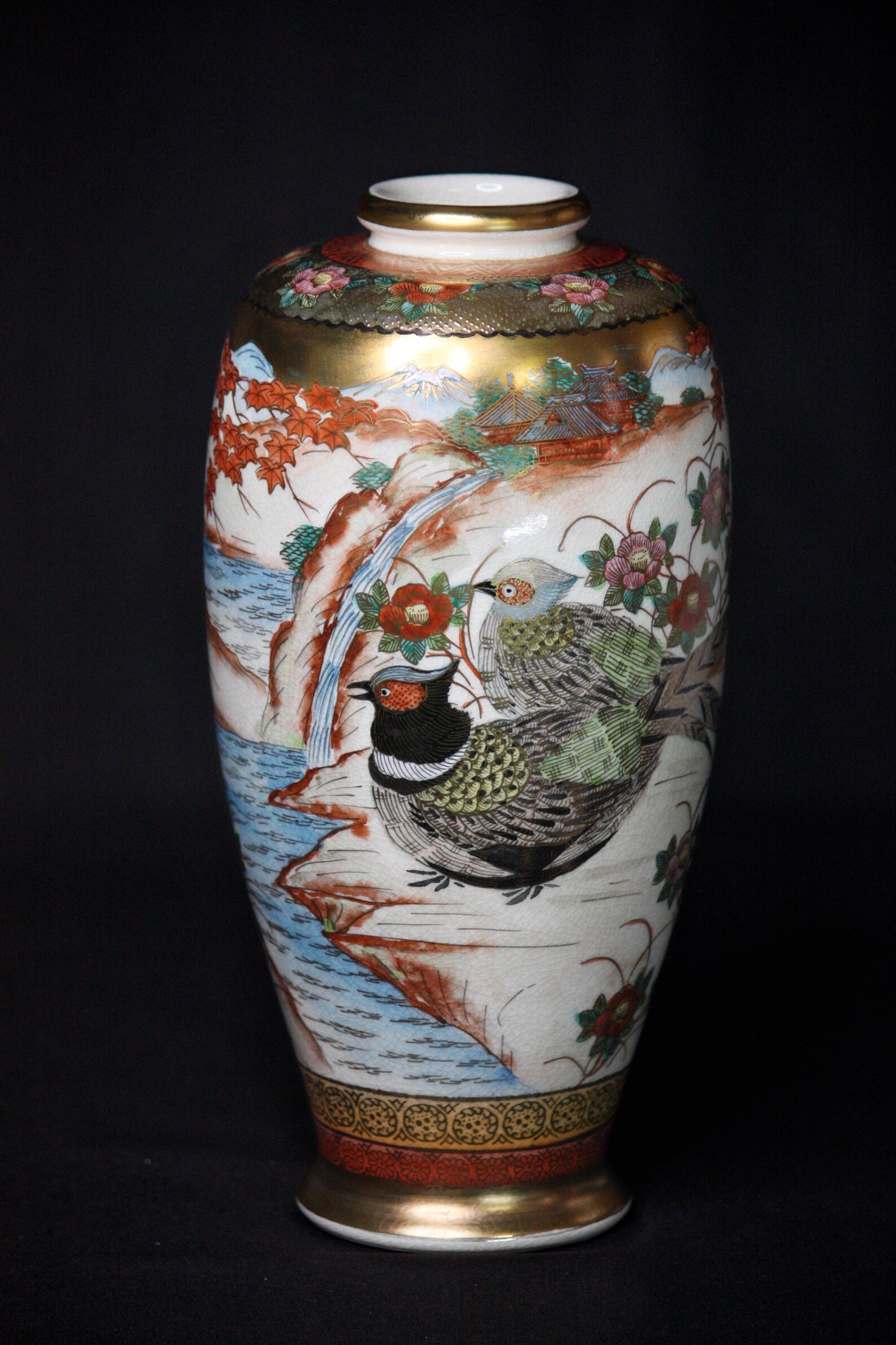 11"h Meiji Era Japan Satsuma Vase, Hand Painted Enamel, Gold Wheel ...