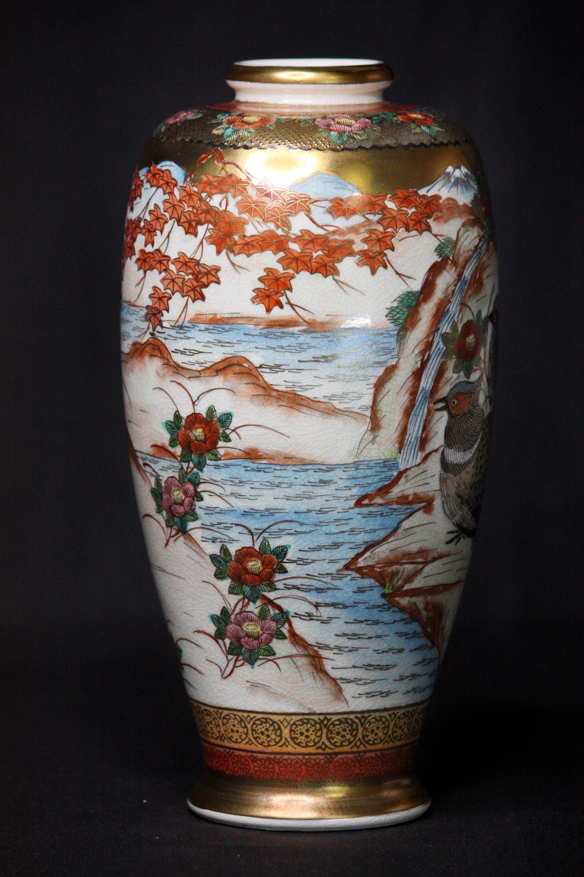 11"h Meiji Era Japan Satsuma Vase, Hand Painted Enamel, Gold Wheel ...