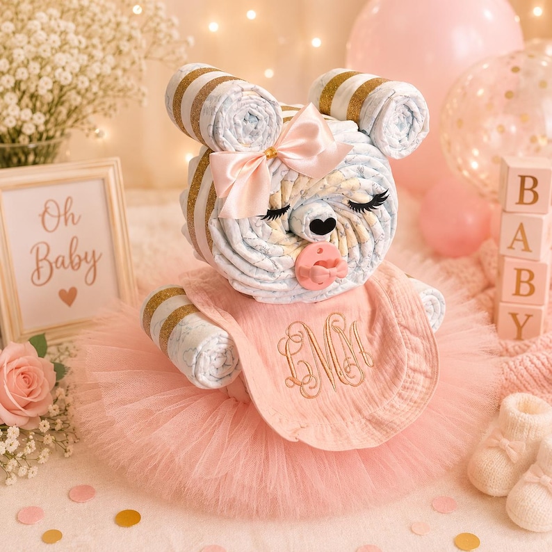 Handmade Teddy Bear Diaper Cake Gift, Pink Tutu Baby Shower Centerpiece ...