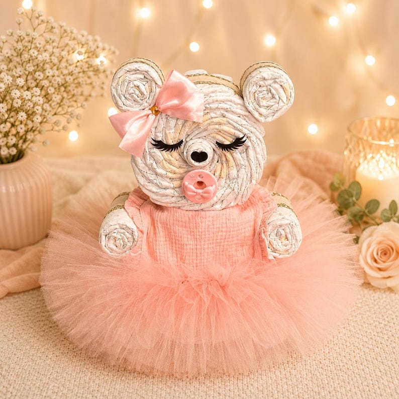 Handmade Teddy Bear Diaper Cake Gift, Pink Tutu Baby Shower Centerpiece ...