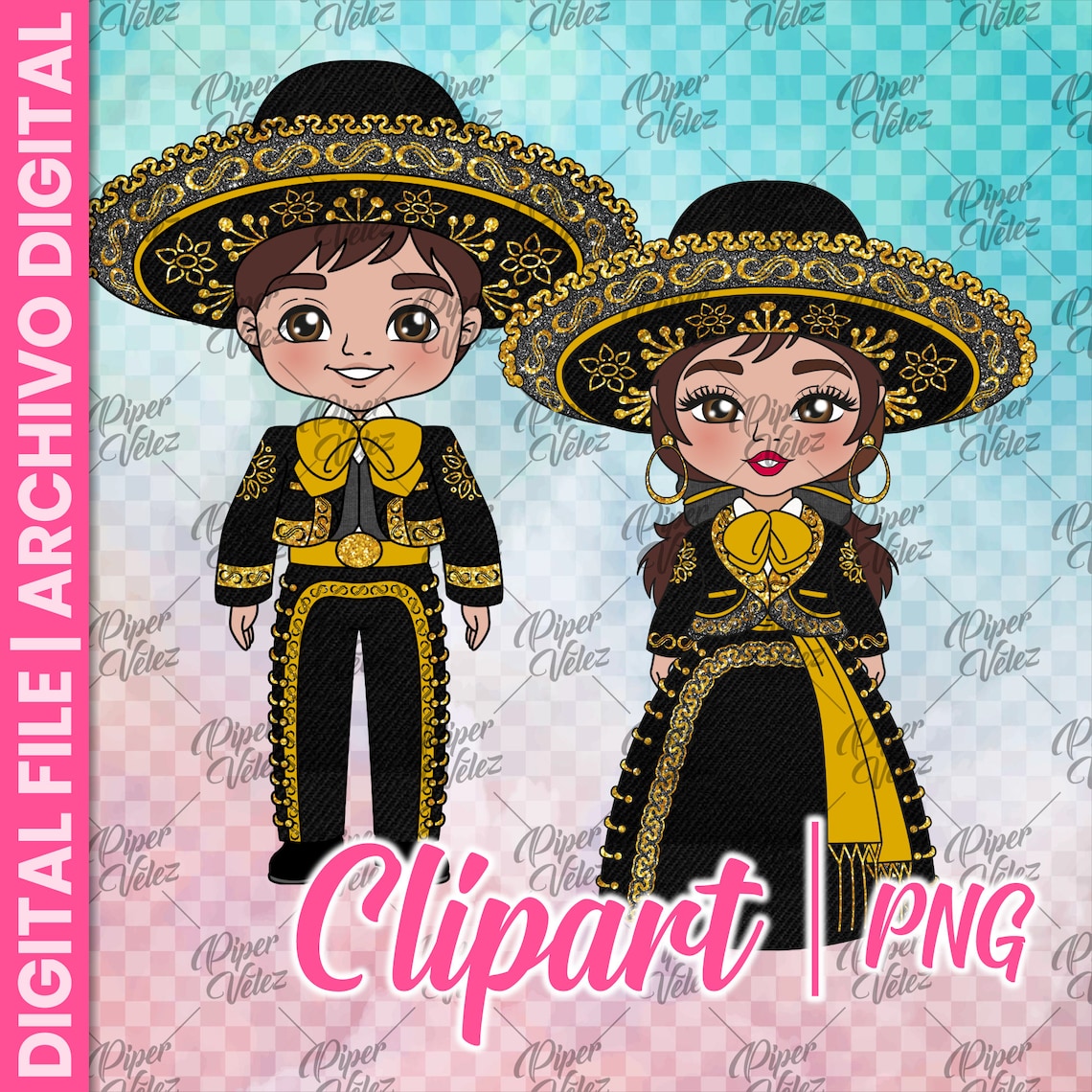 Charro y Charra Clipart PNG Charros Negro y Dorado - Etsy España