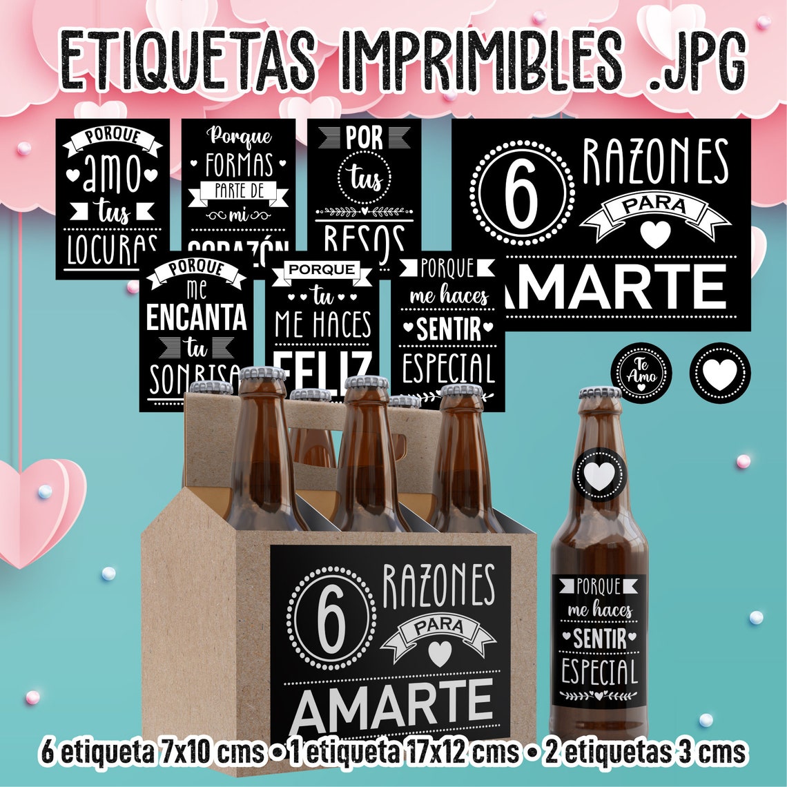 Paquete de imágenes imprimibles para Six de Botellas Amor y - Etsy España