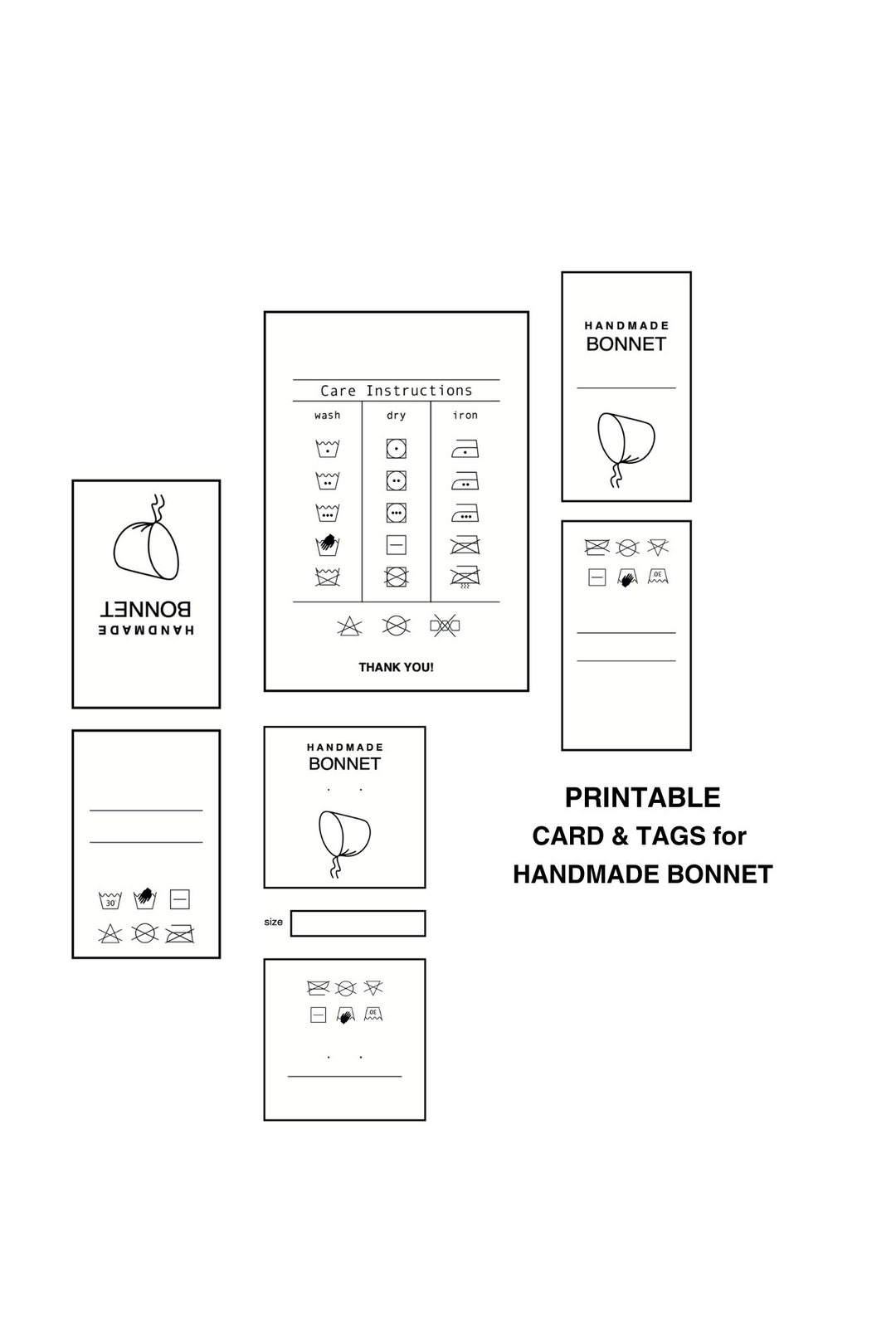 PRINTABLE Handmade Bonnet Tags and Cards, Handmade Bonnet CARE ...