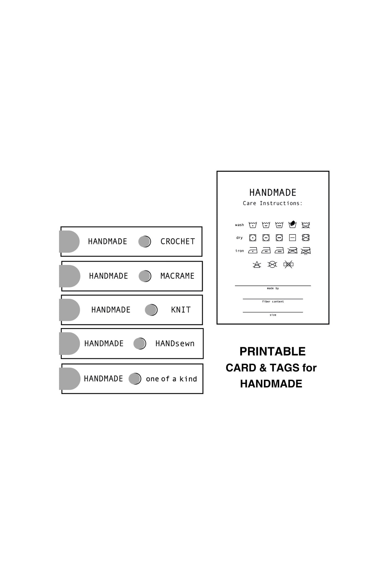 PRINTABLE Care Instructions CARDS, Handmade Item Tags, PDF Digital ...