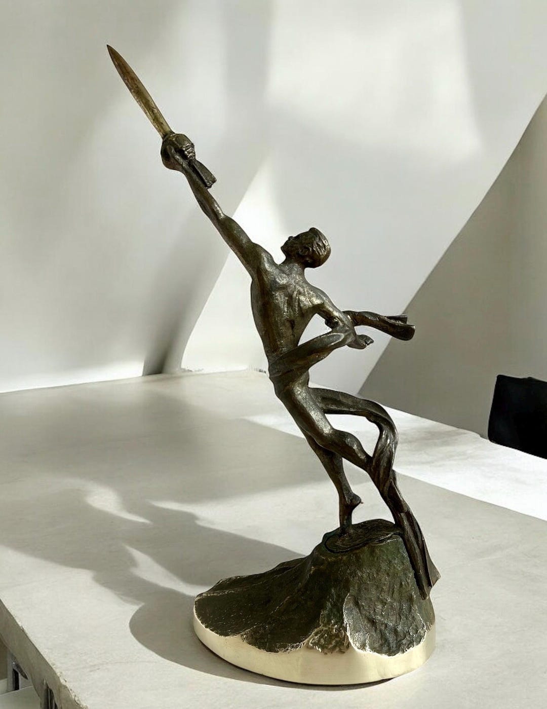 VTG Soviet Figure Sculpture Metal Artwork Statuette 9.45 Man W/rocket ...