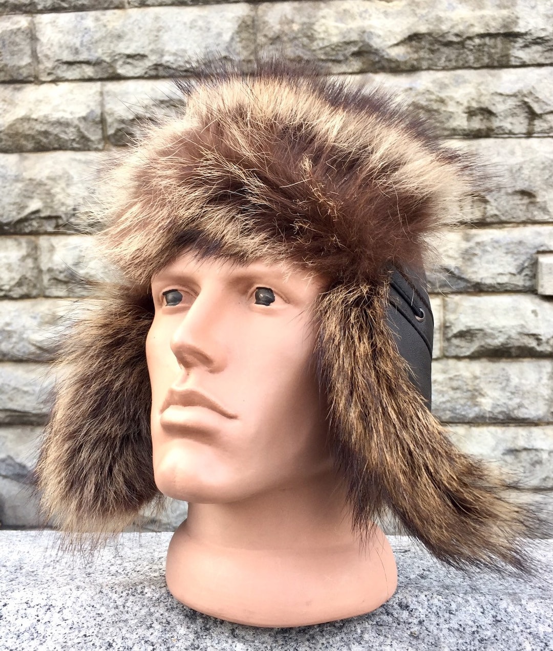 Raccoon Fur Hat- Brown -leather Top -unisex - Rainproof - Etsy