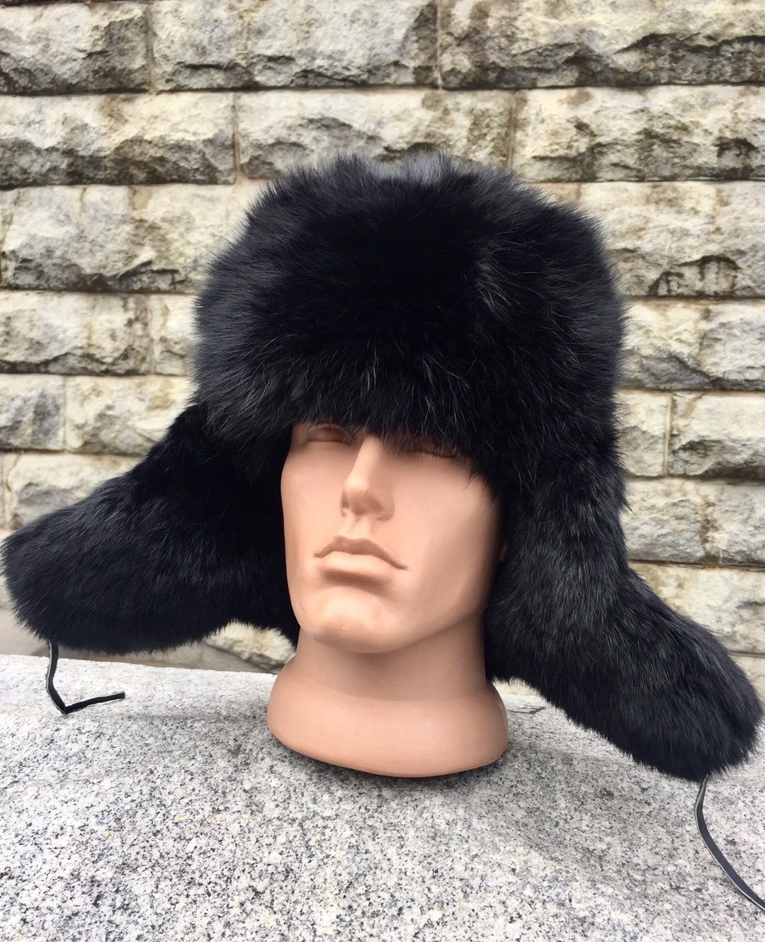 New Rabbit Fur Hat - Black Toned Winter Fluffy Ushanka Ear Flaps Made ...