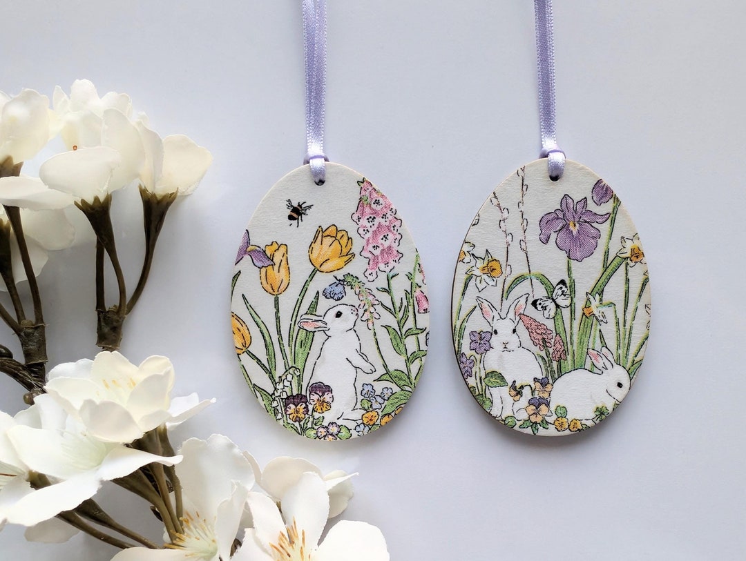 Set of 2 Easter Egg Ornaments With Bunnies/ Floral Wooden Easter Tree ...
