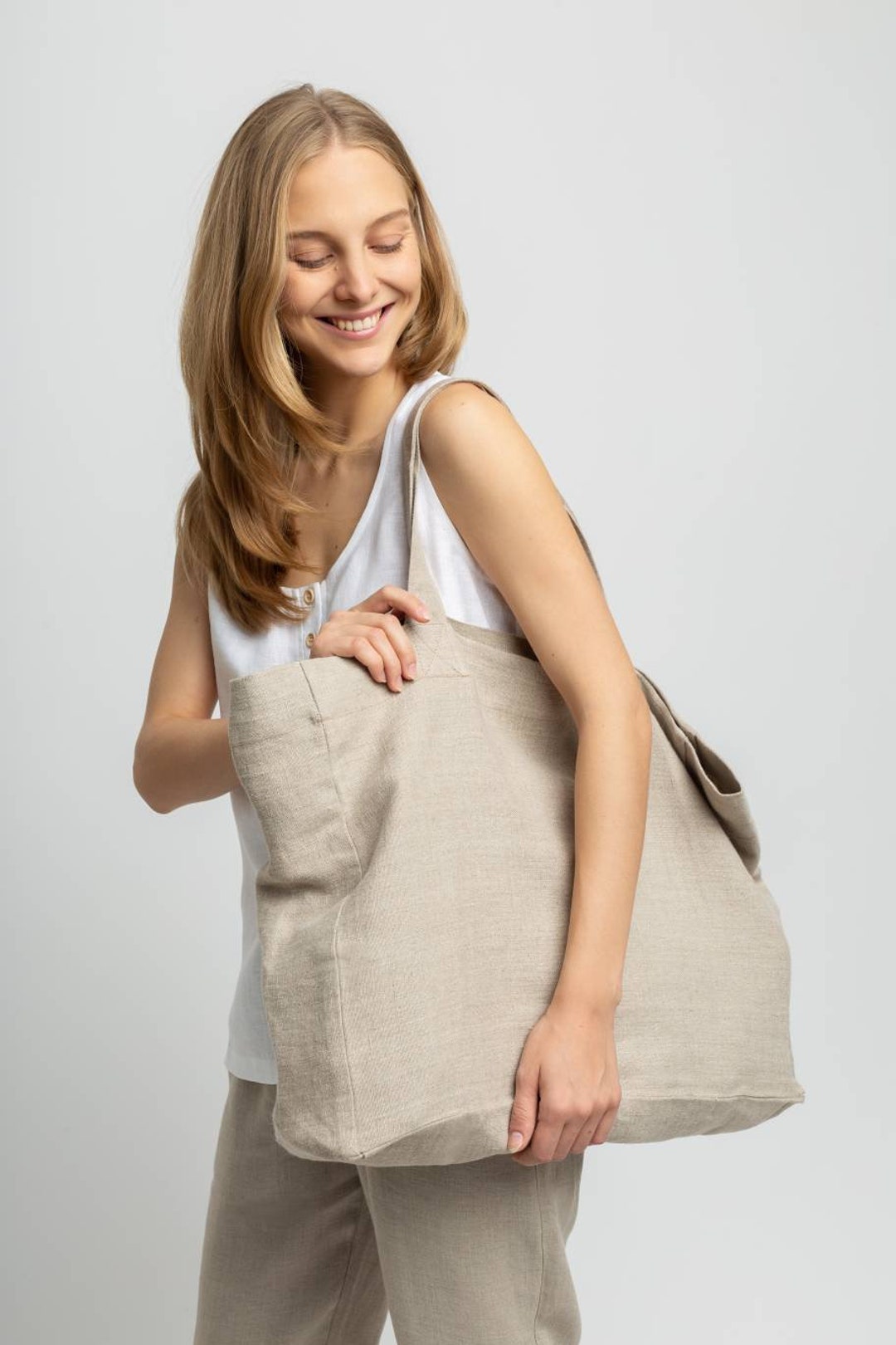 Large linen tote bag / washed linen bag / large linen shopping - Etsy 日本