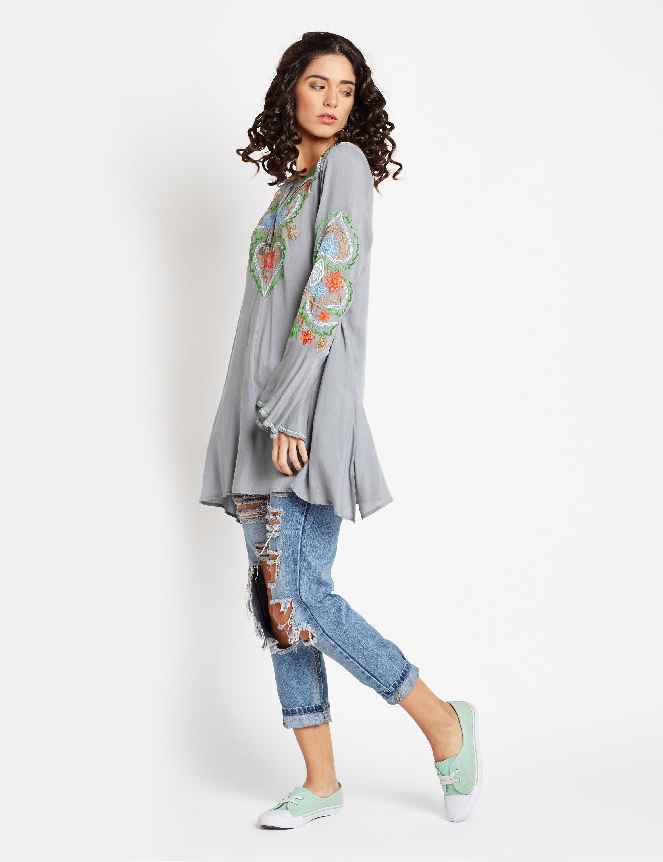 Spring in Love Embroidered Tunic Dress With Bell Sleeves - Etsy