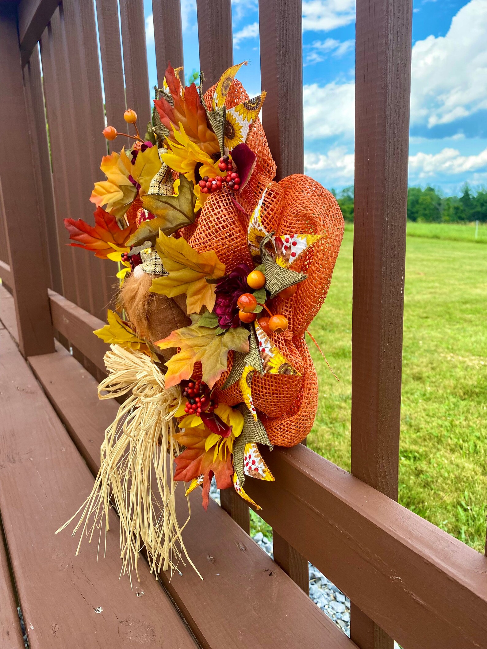 Fall Gnome Sunflower Door Hanger Orange Deco Mesh Burlap - Etsy