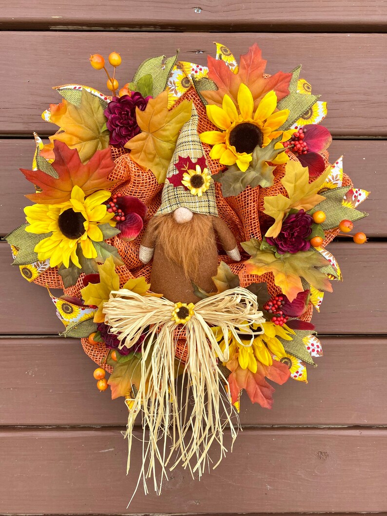Fall Gnome Sunflower Door Hanger Orange Deco Mesh Burlap - Etsy