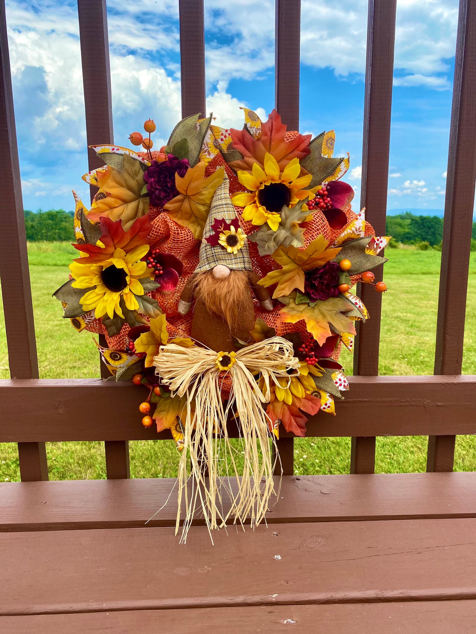 Fall Gnome Sunflower Door Hanger Orange Deco Mesh Burlap - Etsy
