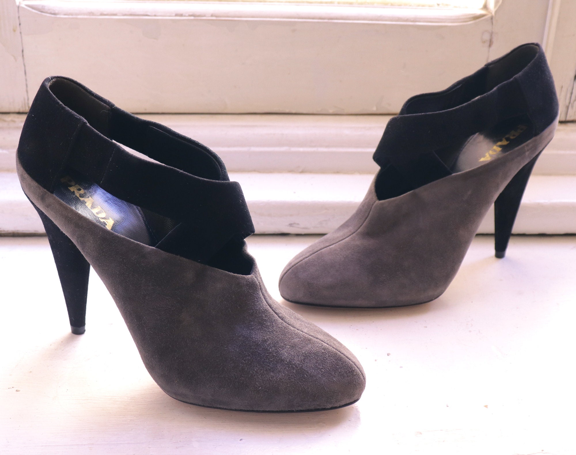 Prada Gray Suede Ankle Boots, Suede Heeled Ankle Booties, Vintage Prada ...