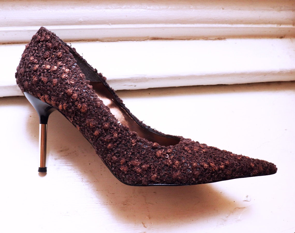 Bronze Stiletto Pointed Toe Lace Pumps, Women's Elegant Wedding Lace ...