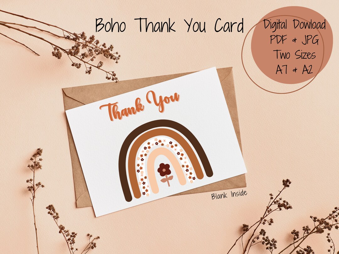 Boho Thank You Card, Boho Rainbow Blank Thank You Card, Printable Boho ...