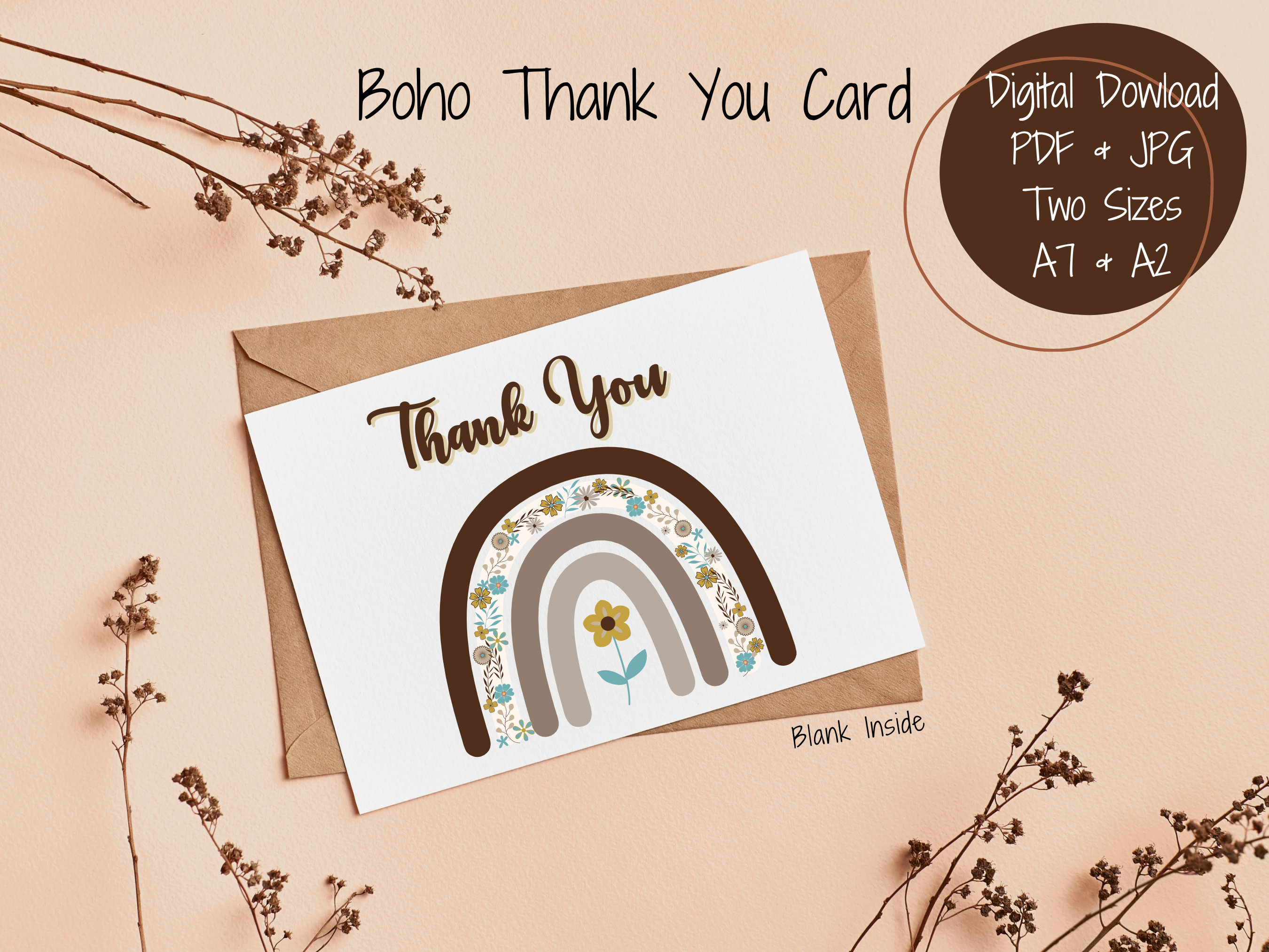 Boho Thank You Card, Boho Rainbow Blank Thank You Card, Printable Boho ...