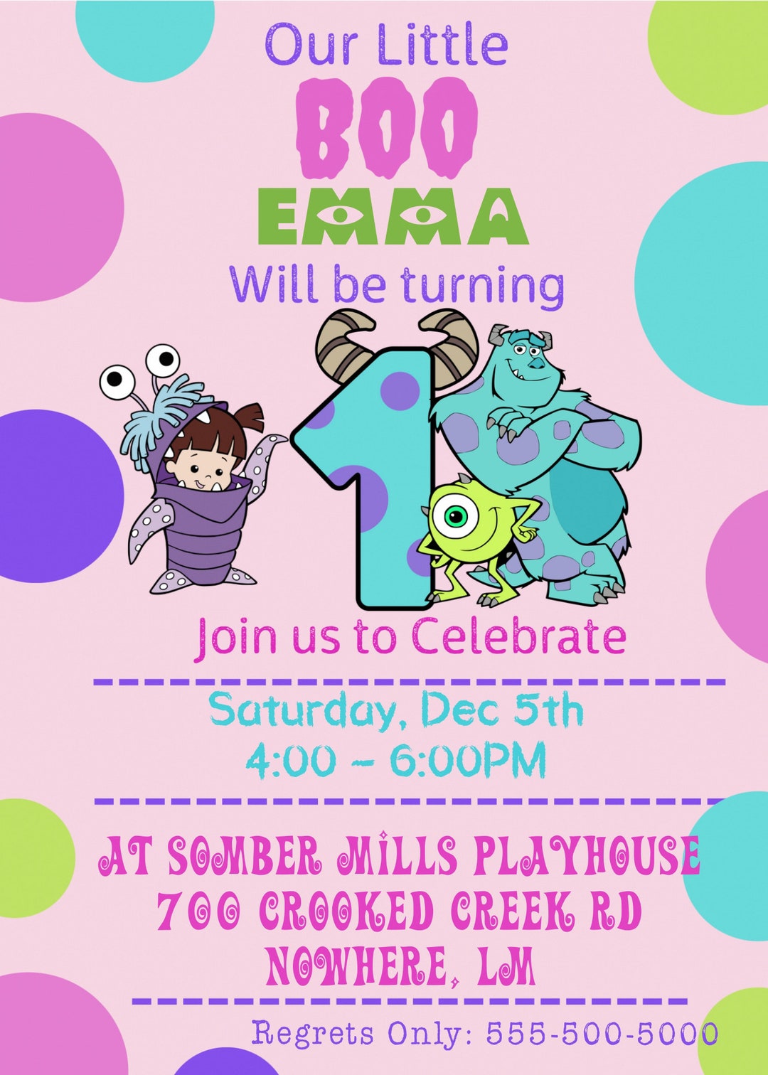 Monsters and Boo Pink Polka Dot Age 1 Digital Invitation, Editable Pink ...