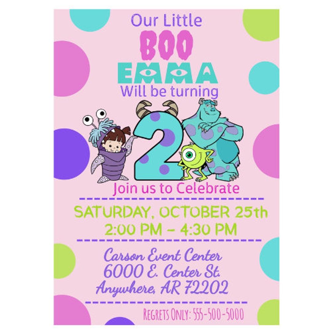 Monsters and Boo Pink Polka Dot Age 2 Digital Invitation, Editable Pink ...