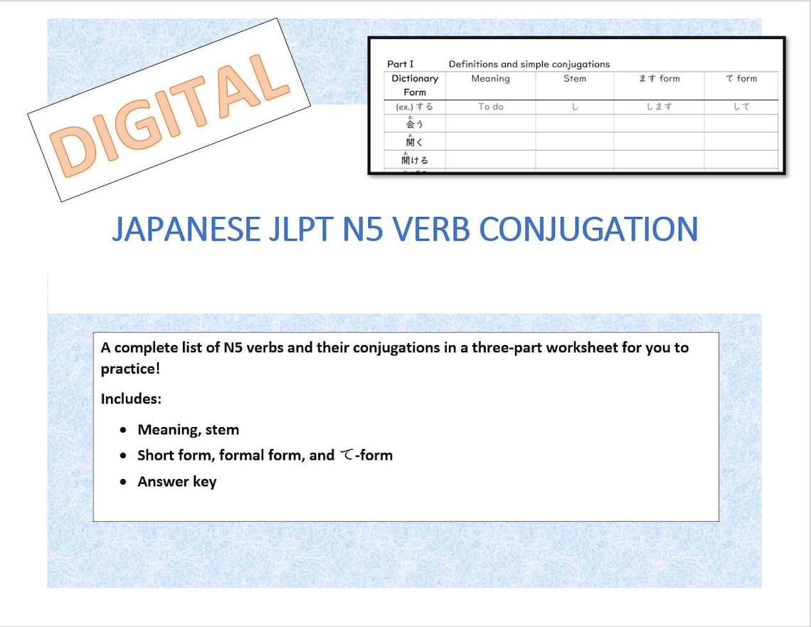 PRINTABLE Japanese JLPT N5 Verb Conjugation Practice Sheets, Repetition ...