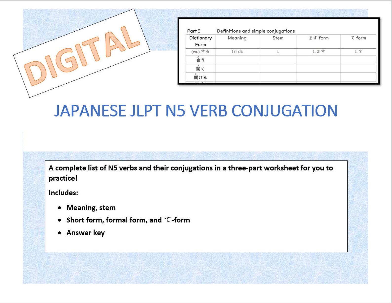 PRINTABLE Japanese JLPT N5 Verb Conjugation Practice Sheets, Repetition ...