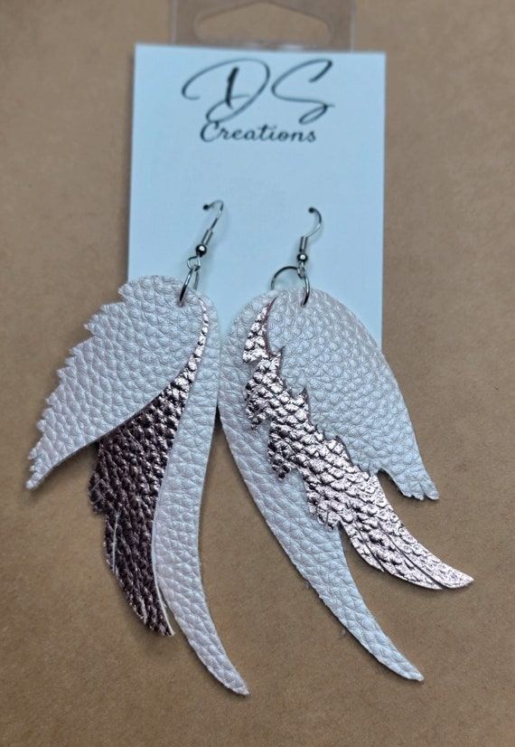 DSsoapandcandleco Pink 3 Layer Leather Feather Earrings Boho Earrings Large Feather Earrings Fringe Leather Feather Leather Feather Earrings Faux Leather