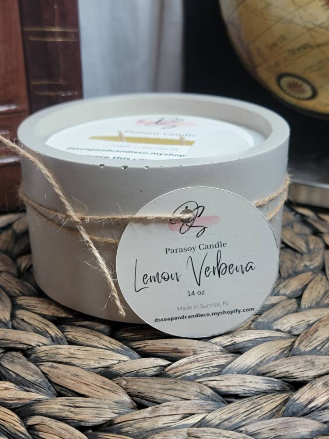 Lemon Verbena 14 Oz Round Cement Candle, Natural Concrete Candle, Soy ...