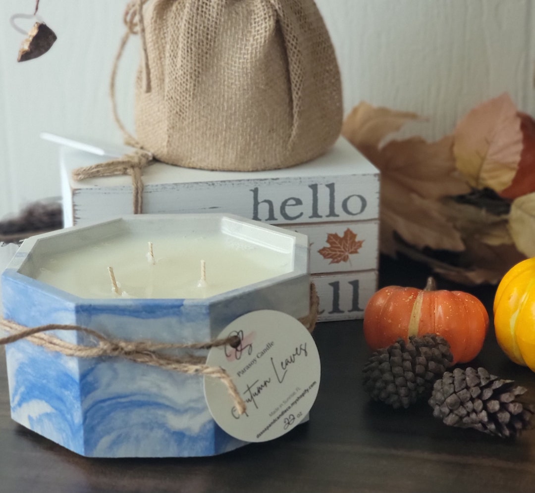 Autumn Leaves 22 Oz Octagon Cement Candle, Blue Marble Concrete Candle ...