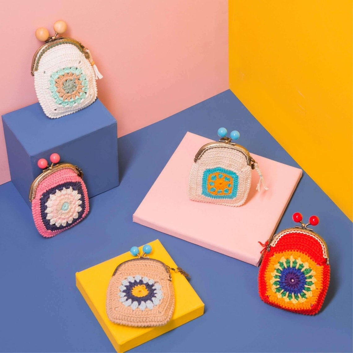 Granny Square Coin Purse, Kiss Lock Frame Wallet, Crochet Coin Purse ...