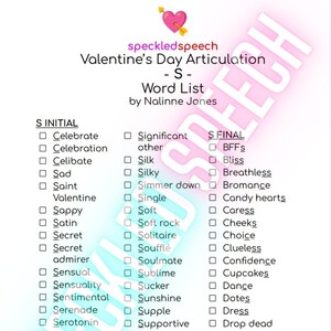 Printed Valentine's Day Speckled Speech Therapy Articulation Word Lists ...