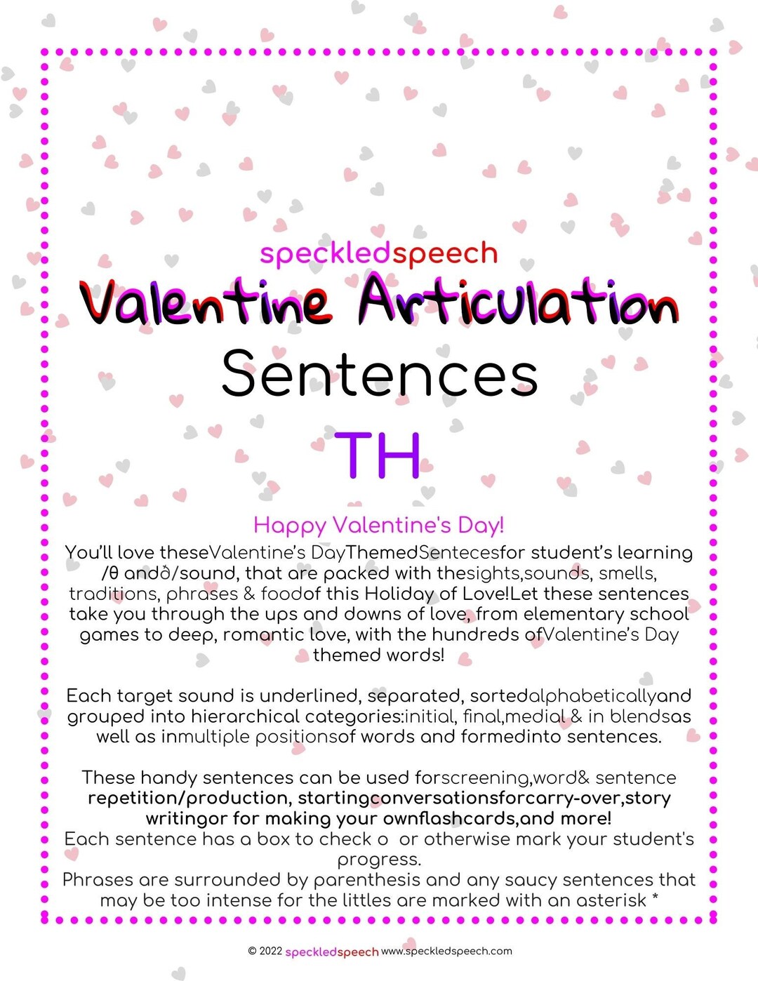 Printed Valentine's Day Speech Therapy Articulation TH Sentences - Etsy