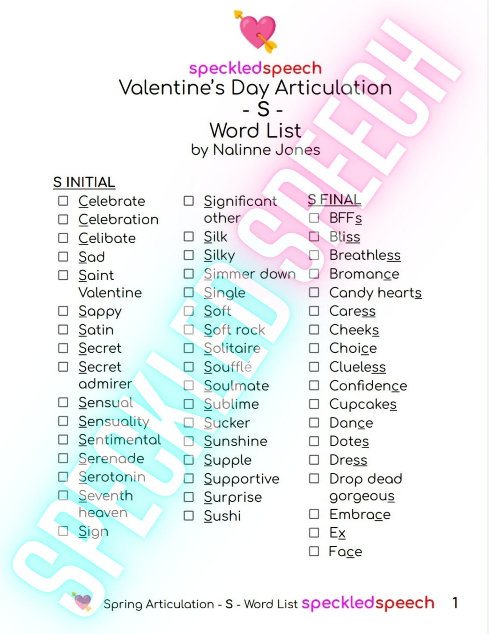 Printed Valentine's Day Speckled Speech Therapy Articulation Word Lists ...