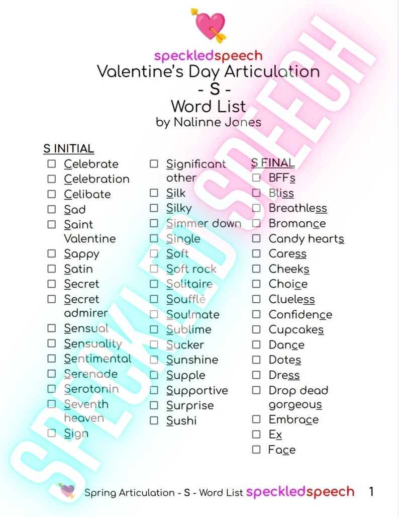 Printed Valentine's Day Speckled Speech Therapy Articulation Word Lists ...