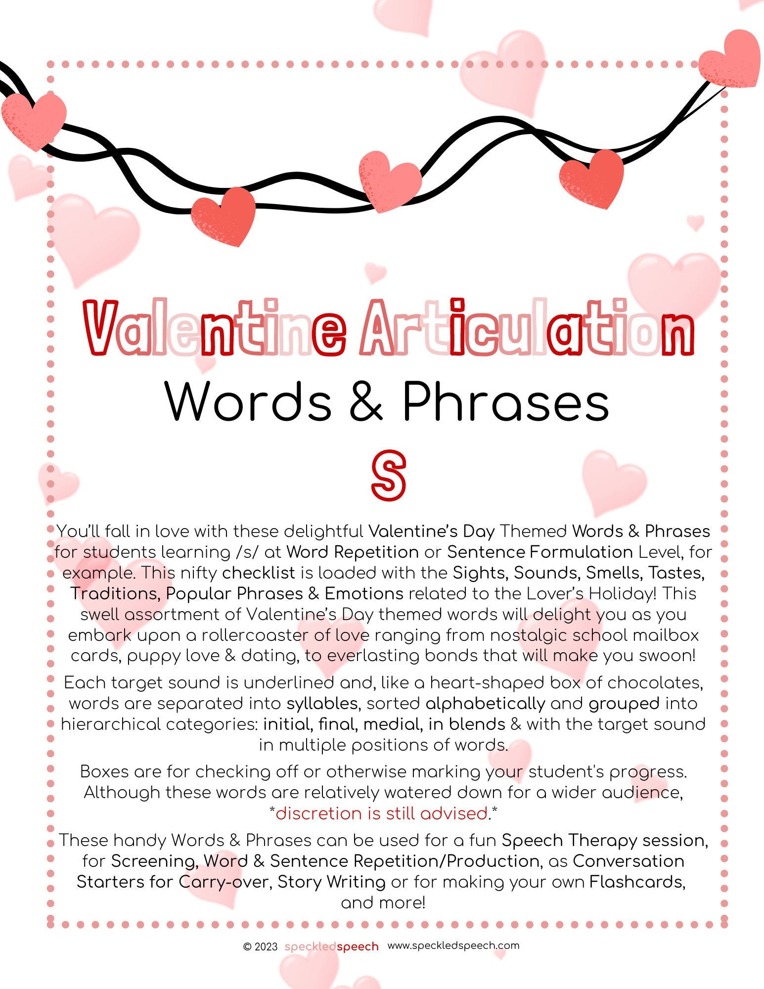 Printed Valentine's Day Speech Therapy Articulation S Words & Phrases ...
