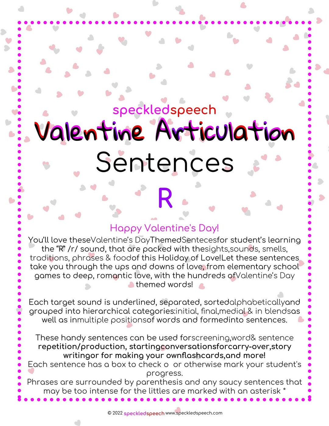 Printed Valentine's Day Speech Therapy Articulation R Sentences - Etsy
