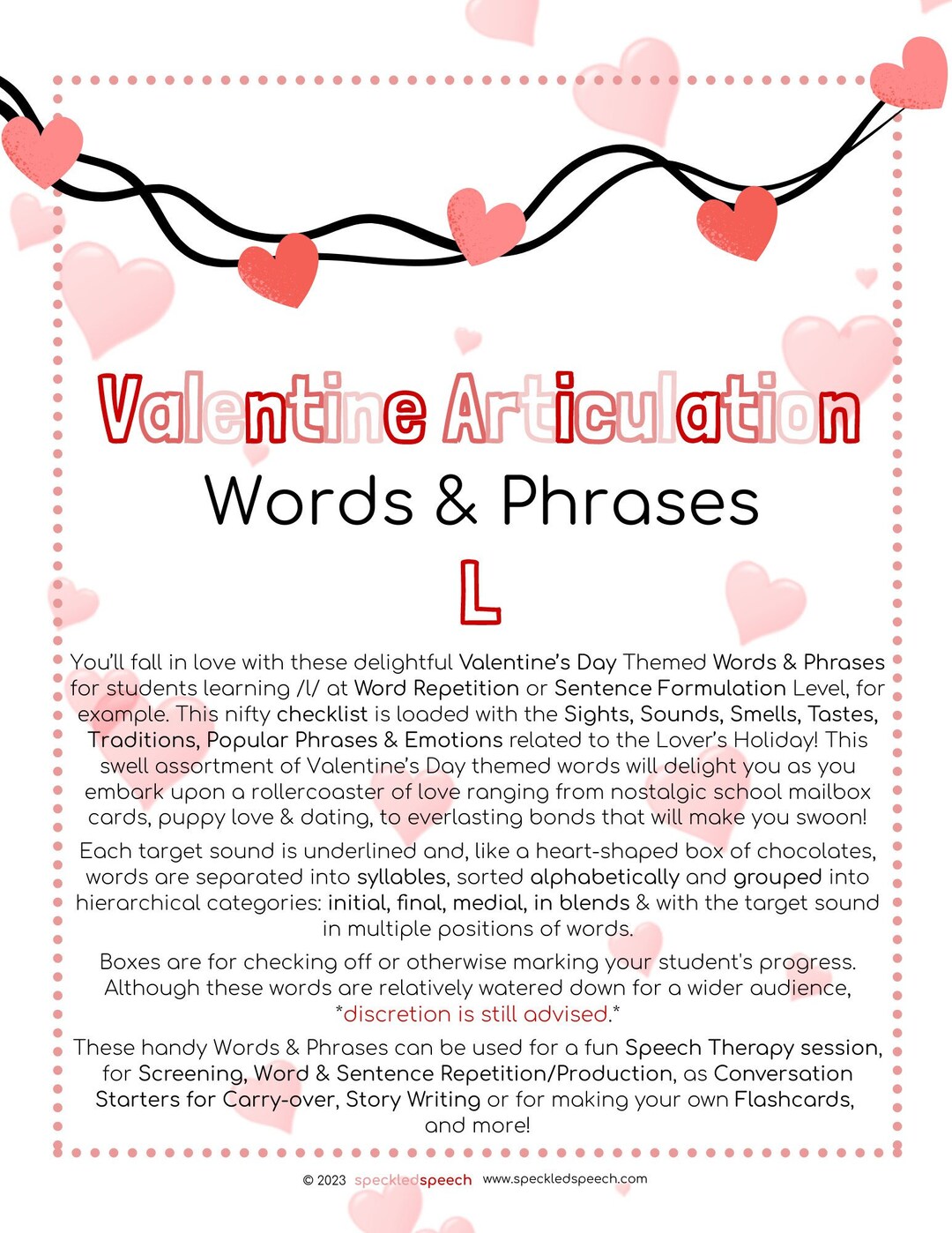 Printed Valentine's Day Speech Therapy Articulation L Sentences - Etsy