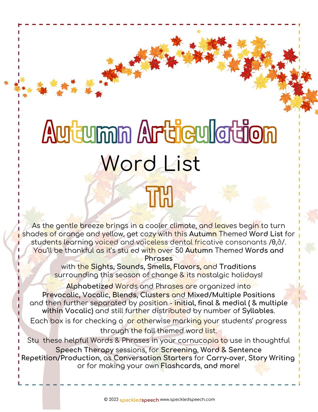 Printed Autumn Articulation TH Word List Speech Therapy - Etsy
