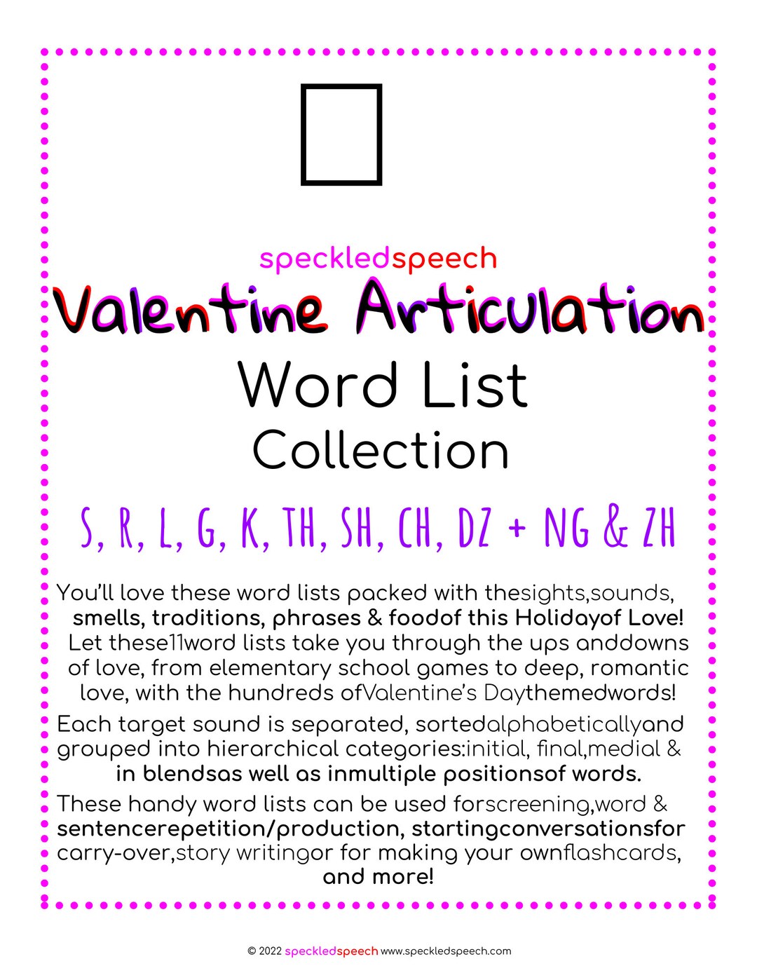 Printed Valentine's Day Speckled Speech Therapy Articulation Word Lists ...