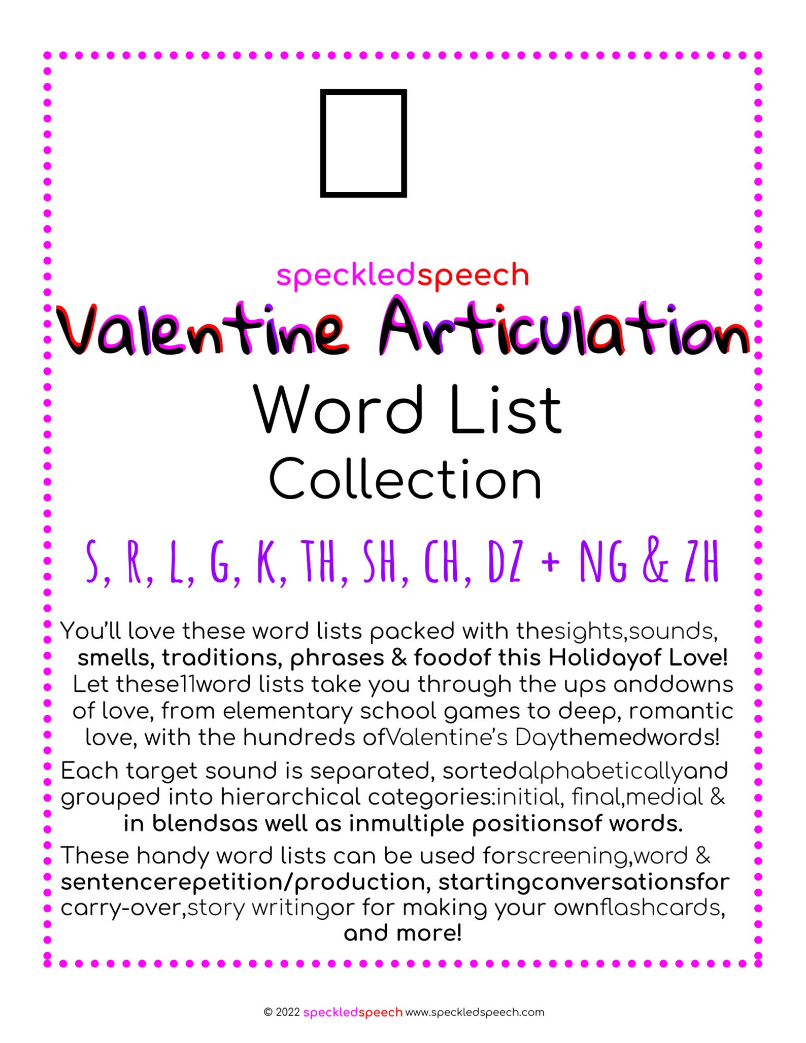 Printed Valentine's Day Speckled Speech Therapy Articulation Word Lists ...