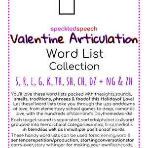Printed Valentine's Day Speckled Speech Therapy Articulation Word Lists ...