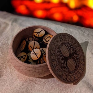 Yggdrasil Hand Turned Alder Box of 24 Wood Runes Round Elder Futhark ...