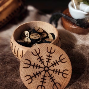Hand Turned Alder Box of 24 Wood Runes Round Small Viking Runes Rune ...