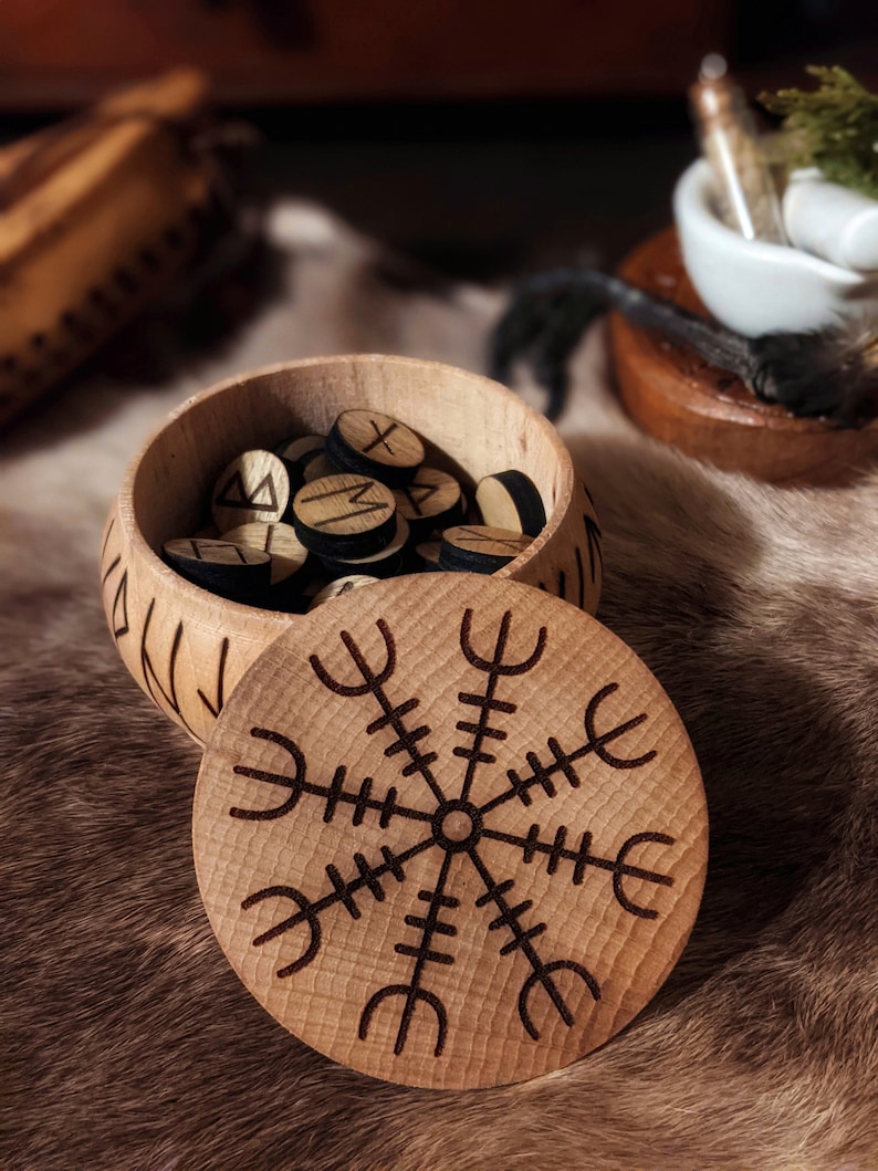 Hand Turned Alder Box of 24 Wood Runes Round Small Viking Runes Rune ...