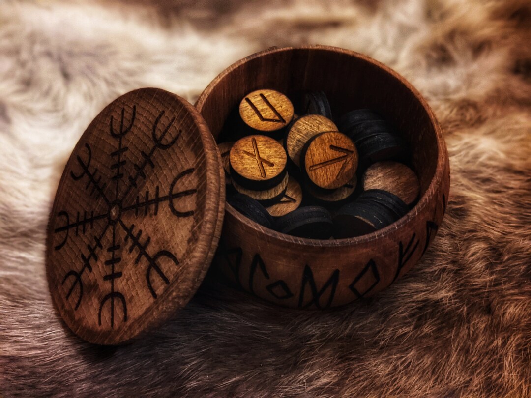 Hand Turned Alder Wood Box of 24 Dark Wood Runes Round Small Rune Set ...