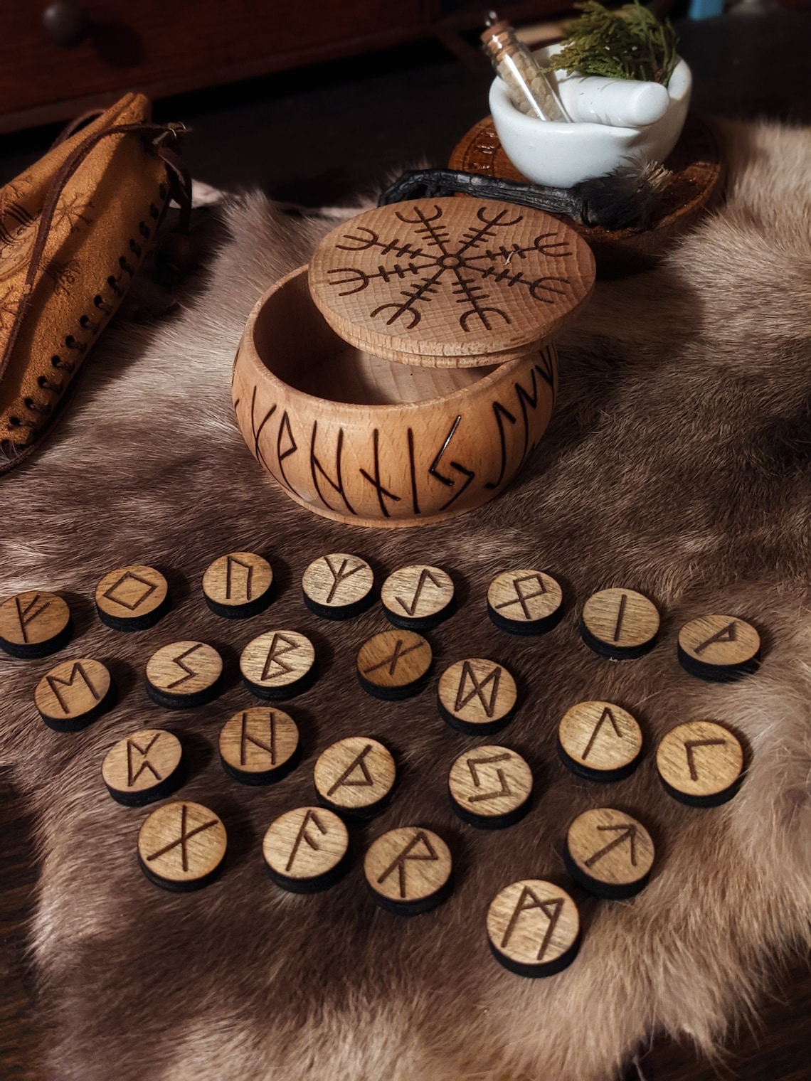 Hand Turned Alder Box of 24 Wood Runes Round Small Mini Rune - Etsy