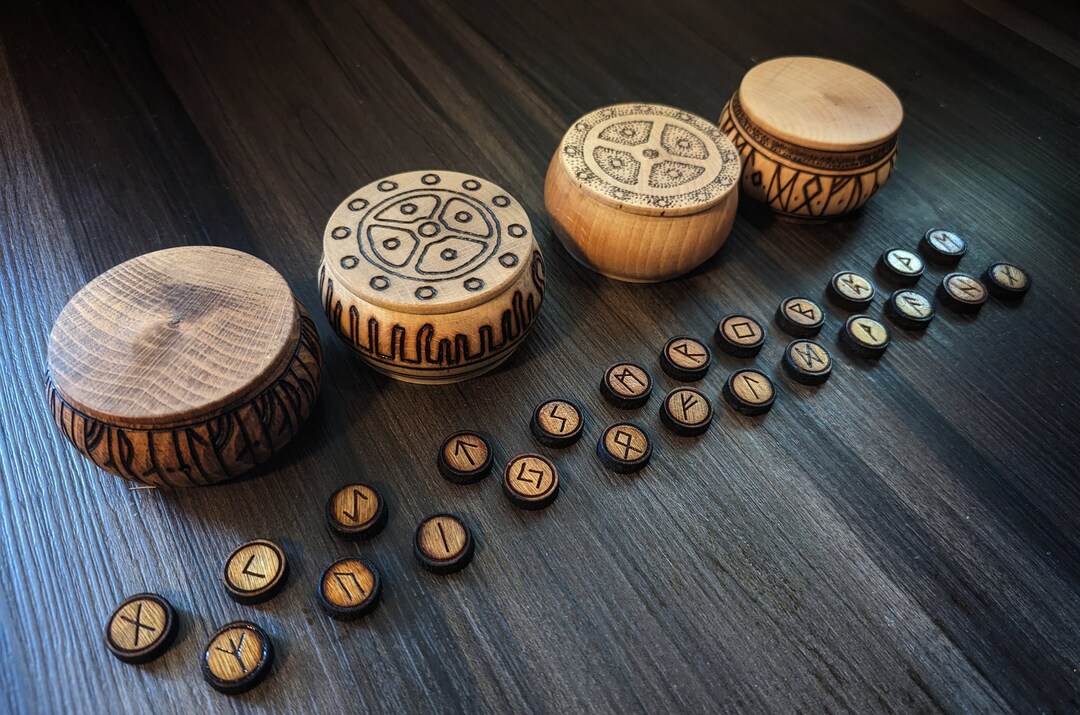 One of A Kind Hand Turned Alder Wood Box of 24 Wood Runes Round Small ...