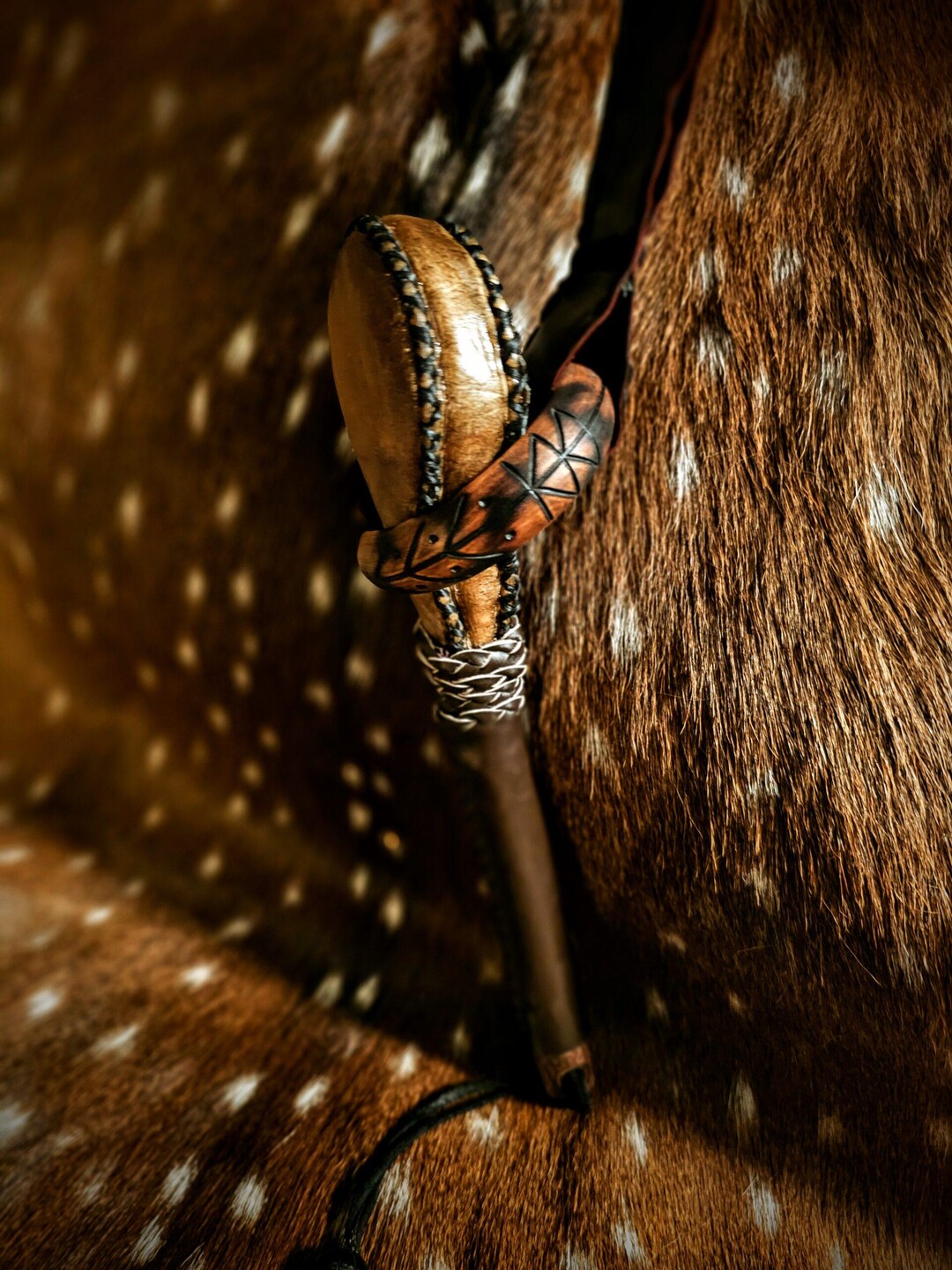 Bison Hide Rattle With Hand Burned Maple Handle, Leather & Wood Holder ...