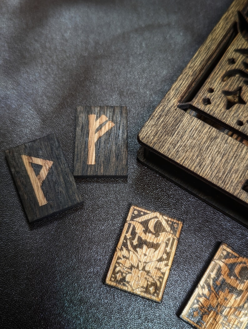 Elder Futhark Runes: Birch, Moon, Bat & Flower Engraved - With Box - Etsy